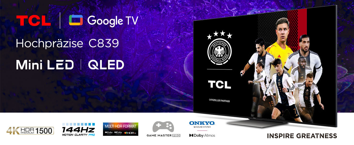 TCL 65C839 65 Zoll 164cm QLED Mini-LED Fernseher, 4K UHD, Google TV, HDR Extreme, 1500nits ...