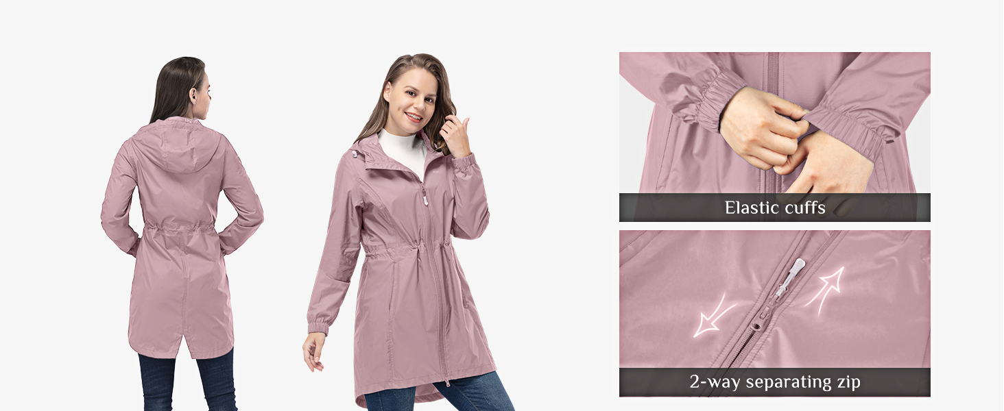 33,000ft Women's Rain Jacket Lightweight Hooded Long Rain Coat Waterproof Jacket Ladies Packable ...