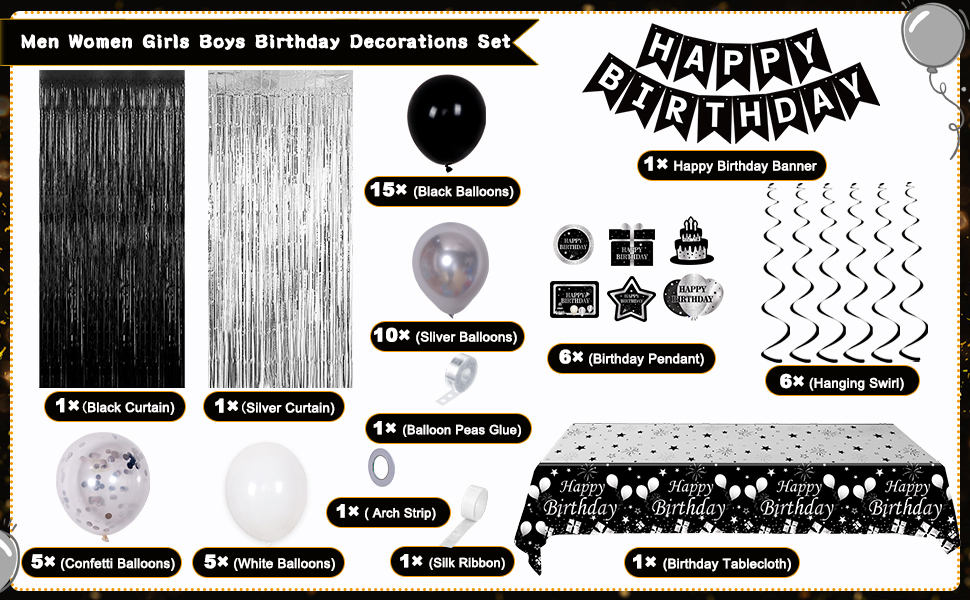 Amazon.com: Black and Silver Birthday Decorations for Men Women, Black ...
