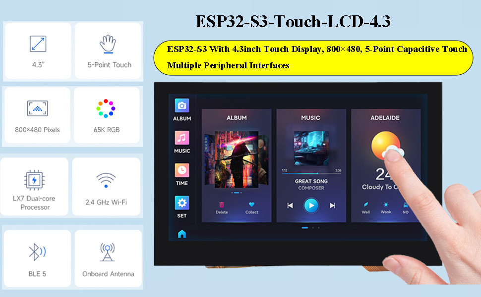 Amazon.com: Waveshare ESP32-S3 4.3inch Touch Screen Development Board 5-Point Capacitive Display ...