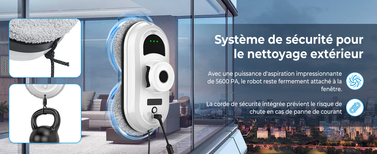 Robot Nettoyeur Vitre, Robot Laveur de Vitre Automatique avec 5600 Pa d'aspiration, 3 Modes de ...