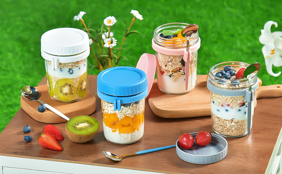 Amazon.com: DRKIO 4 Pack Overnight Oats Containers with Lids and Spoons 16 Oz Glass Mason Jars ...