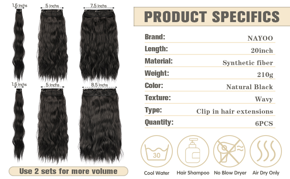 Amazon.com : NAYOO Clip in Hair Extensions for Women 20 Inch Long Wavy curly Natural Black Hair ...