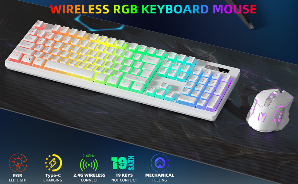 Combo inalámbrico de teclado y mouse para juegos, retroiluminación RGB, recargable, ergonómico ...