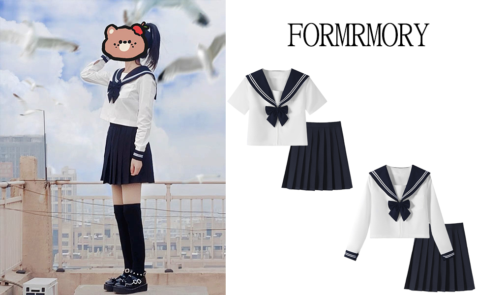 Amazon.co.jp: [Formemory] セーラー服 本格制服 コスプレ JK 女子高生 コスプレ 制服 ホワイト 長袖と半袖の2種類 セーラー服 スカート 蝶結び 3点セット ...
