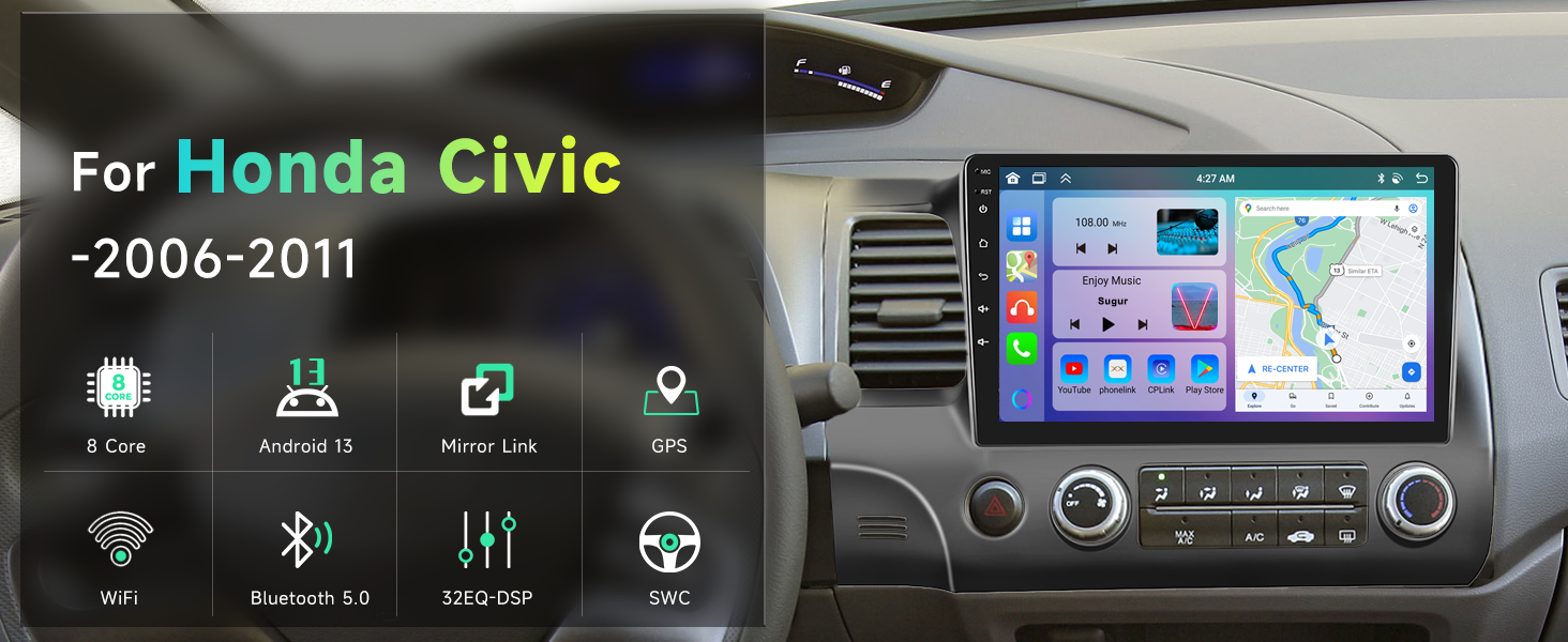 [8 CORE 4G+64G] Car Radio for Honda Civic 2006-2011 with Wireless Carplay/Android Auto, 10.1 ...