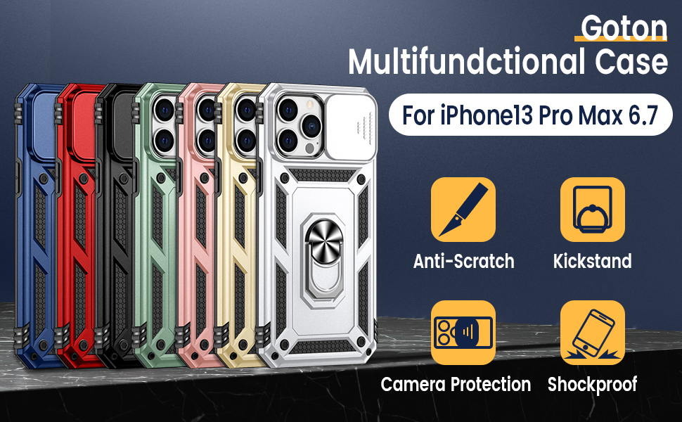 Amazon.com: Goton Armor Case for iPhone 13 Pro Max Stand Case with Slide Camera Cover ...