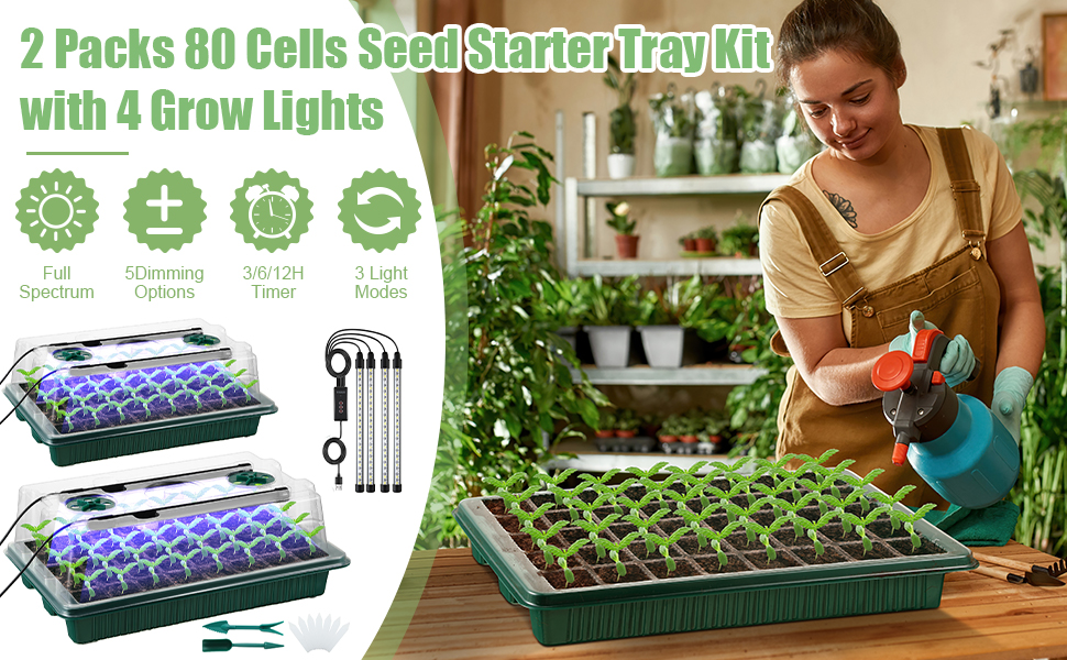 Amazon.com : Saillong 2 Pack Seed Starter Tray with Grow Light, 80 Cells Indoor Greenhouse Kit ...
