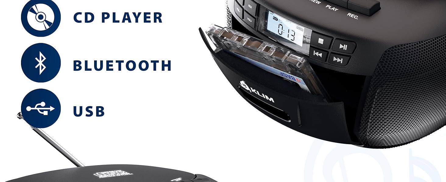 KLIM CD Cassette Player with Case, Bluetooth Boombox, AM/FM Radio ...