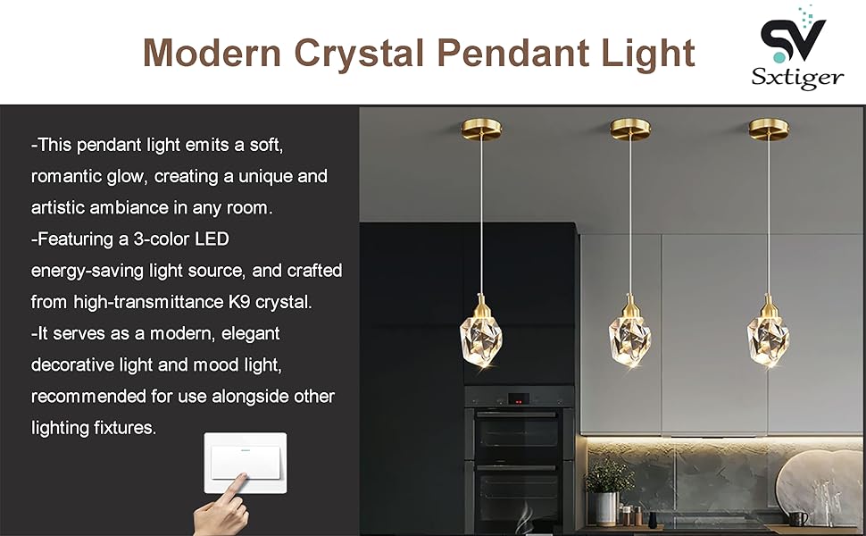 Sxtiger Modern Crystal Pendant Light, 3-Color LED Crystal Pendant Light ...