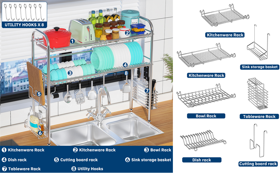 BQKOZFIN 27.5" Over The Sink Dish Drying Rack, Stainless Steel Sink Drying Rack with Utensil ...