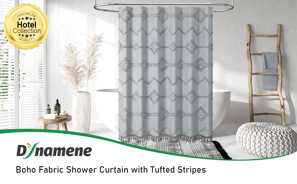 Amazon.com: Dynamene Crey Fabric Shower Curtain, Boho Farmhouse Tufted Geometric Striped Tassel ...