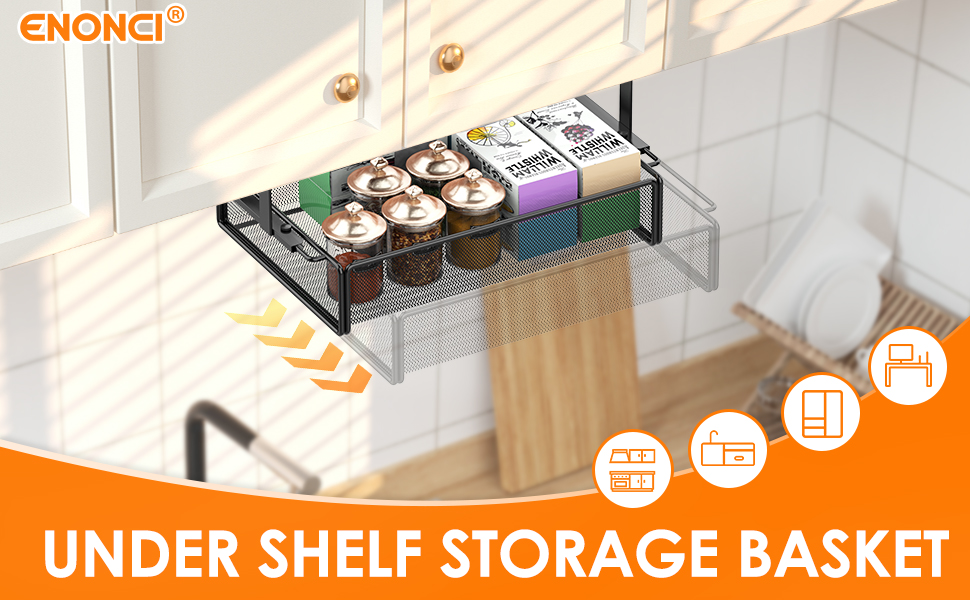 ENONCI Under Shelf Pull Out Storage Basket, Under Cabinet Hanging ...