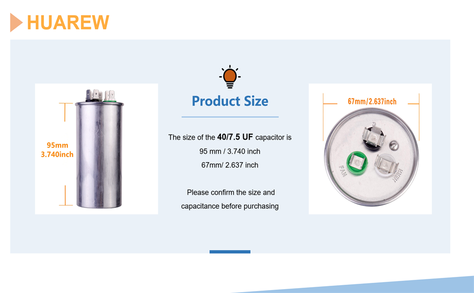 HUAREW 40/7.5 uF 40+7.5 MFD ±6% 370V/440V CBB65B AC Capacitor Dual Run Round Capacitor ...