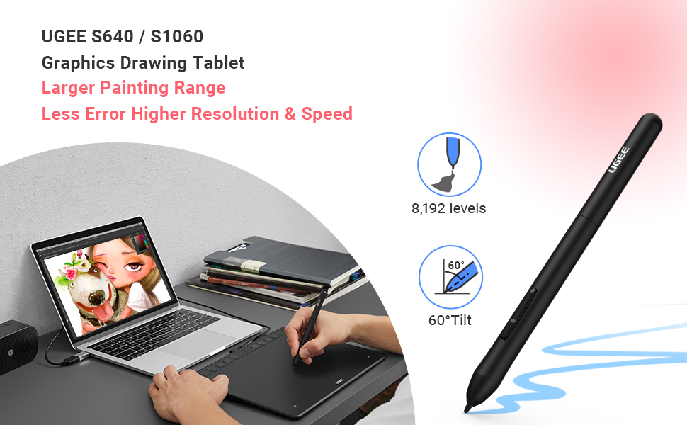 UGEE Tableta de Dibujo S640, Portátil Tableta Gráfica Ultrafina con Lápiz óptico sin Batería ...