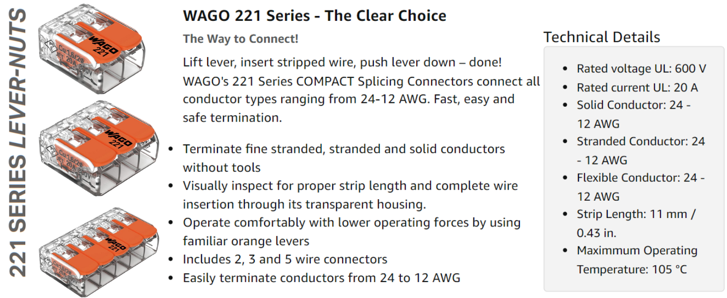 WAGO 221 Series 25pc Compact Splicing Wire Connectors | Includes (10x 221-412), (10x 221-413 ...