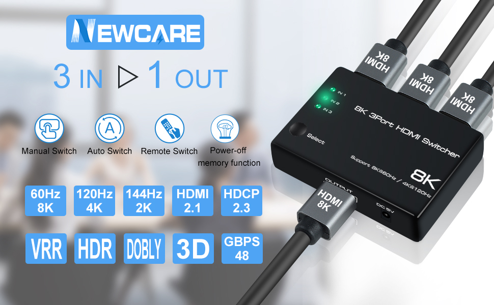 Amazon.com: 8K@60Hz HDMI 2.1 Switch 3 in 1 Out,NEWCARE 4K@120Hz HDMI Switcher 3 Port, 8K HDMI ...