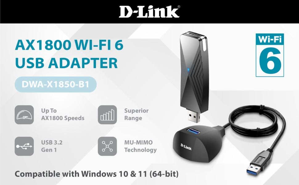 Amazon.com: D-Link USB WiFi 6 Adapter AX1800 USB 3.0 Dual Band Long Range MU-MIMO Wireless ...