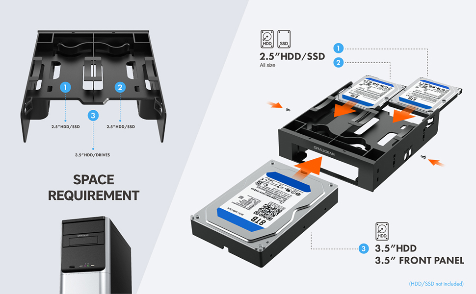 GRAUGEAR G-CV-235T525 Cadre de montage pour 2 disques durs 2,5" HDD/SSD et 1 disque dur 3,5" sur ...