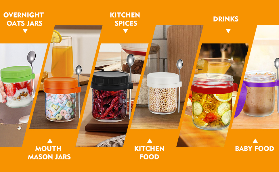 Amazon.com: JUJOJB 6 Pack Overnight Oats Containers with Lids and Spoons 12 Oz Glass Mason Jars ...