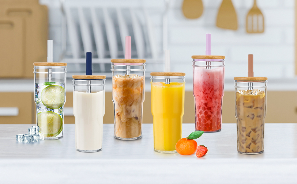 Amazon.com: Hydraful 24 oz Glass Tumbler Cup with Bamboo Lid and Straw ...