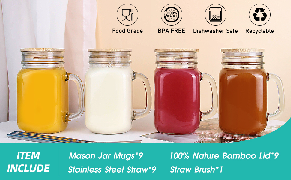 Amazon.com: DESIYUE 9 Pack 16 Oz Mason Jar with Bamboo Lid and Straw, Mason Jar Cups, Mason Jar ...