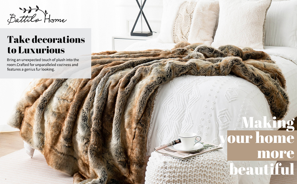 BATTILO HOME Faux Fur Throw Blankets Brown 150x200cm Luxury Decorative ...