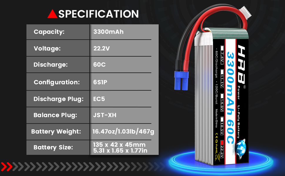 HRB 2Packs 6S Lipo Battery 22.2V 3300mAh 60C A+ Grade LiPo RC Battery with EC5 Plug for RC Car ...