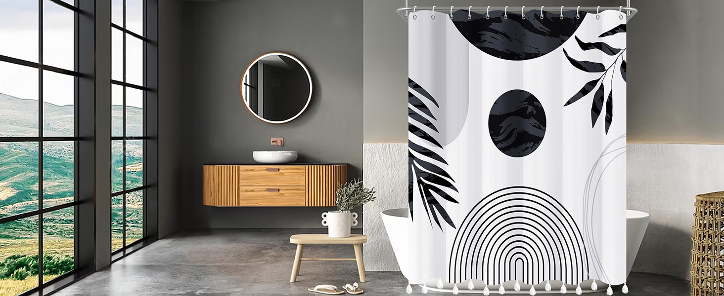 Amazon.com: TOENGS Boho Shower Curtains for Bathroom Black and White Shower Curtain with Tassel ...