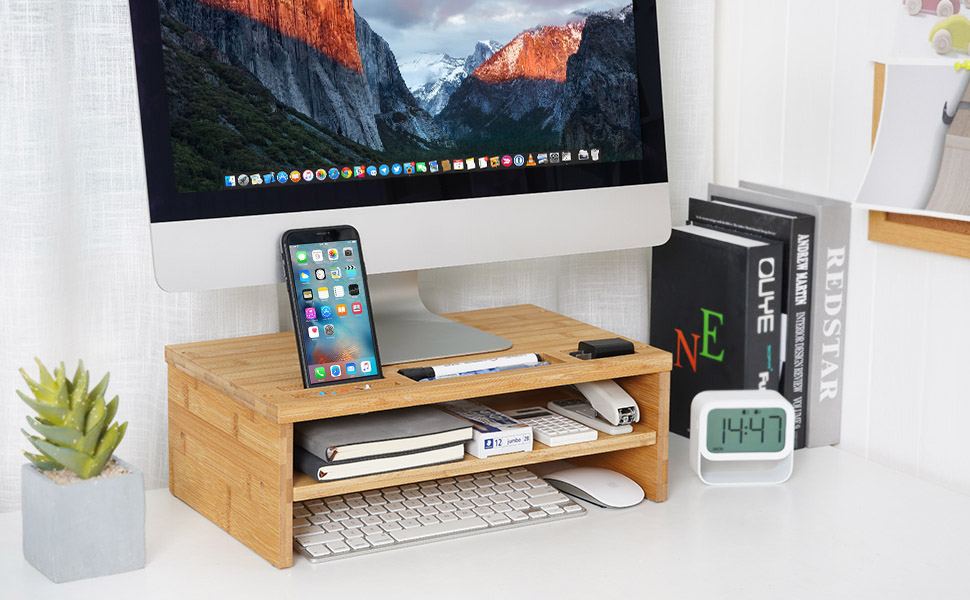 Amazon.com: Bamboo Monitor Stand - 2 Tiers Computer Monitor Riser with ...