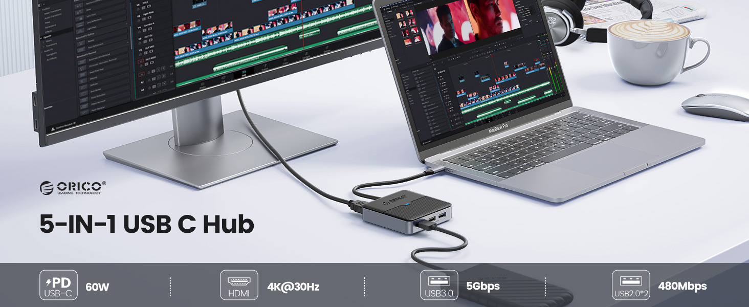 Amazon.com: USB C Hub, ORICO 5 in 1 USB C Docking Station with 4K HDMI, 60W PD Charging, USB ...