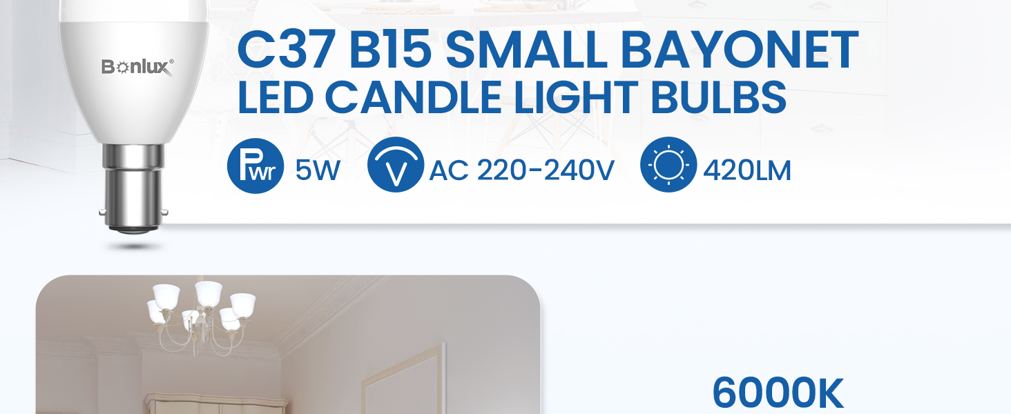 Bonlux B15 LED Bayonet Candle Bulb, 5W B15D Small Bayonet Cap Candle Light 40W Halogen ...