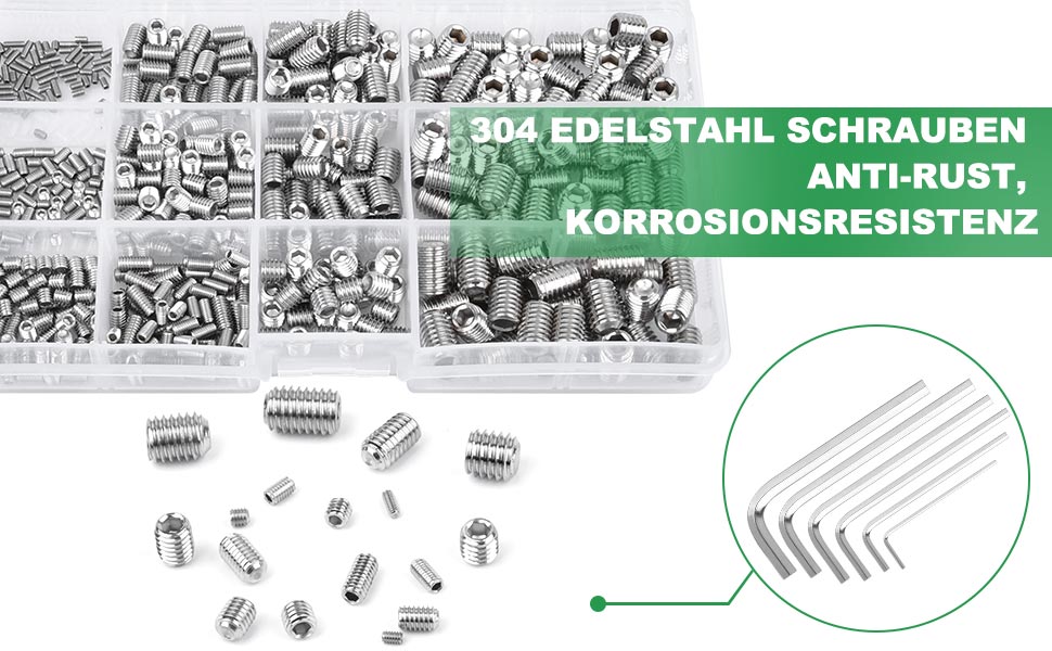 Foliv 540 Stück Madenschrauben, Gewindestifte Set M2 M3 M4 M5 M6 M8, Wurmschraube aus Edelstahl ...