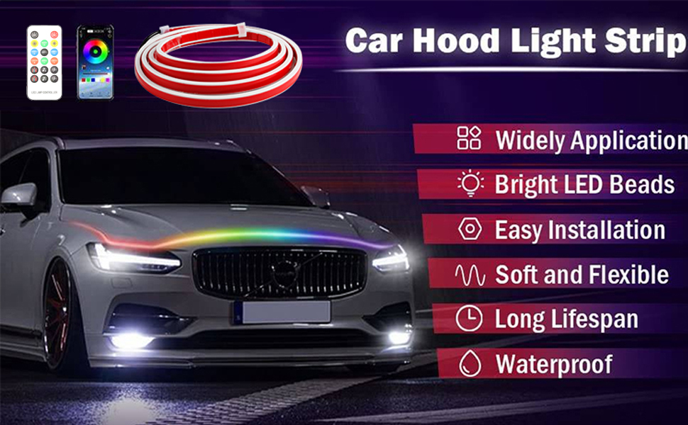 Amazon.com: HODLCY Car Hood Light Strip - 59 inches Dynamic RGB Exterior Car LED Strip Lights ...