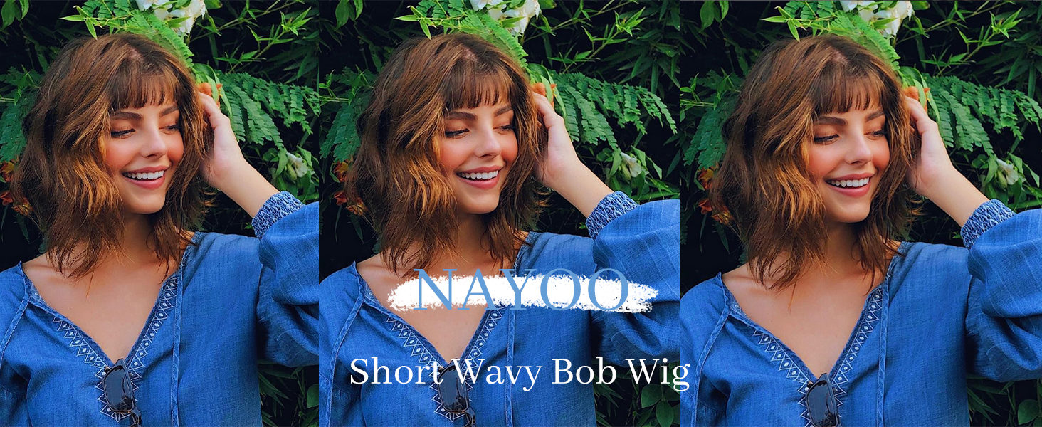 Amazon.com : NAYOO Light Brown Wig with Bangs, 14 Inch Bob Wig with Bangs for Women, Shoulder ...
