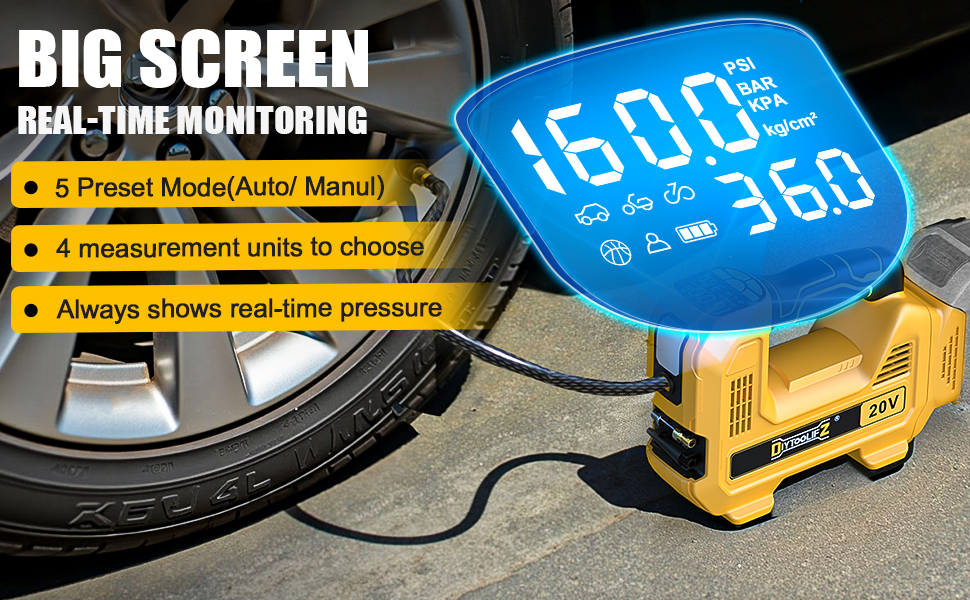 DIYtoolifz Cordless Tire Inflator Air Compressor Compatible with DeWALT 20V, 160PSI Portable LED ...