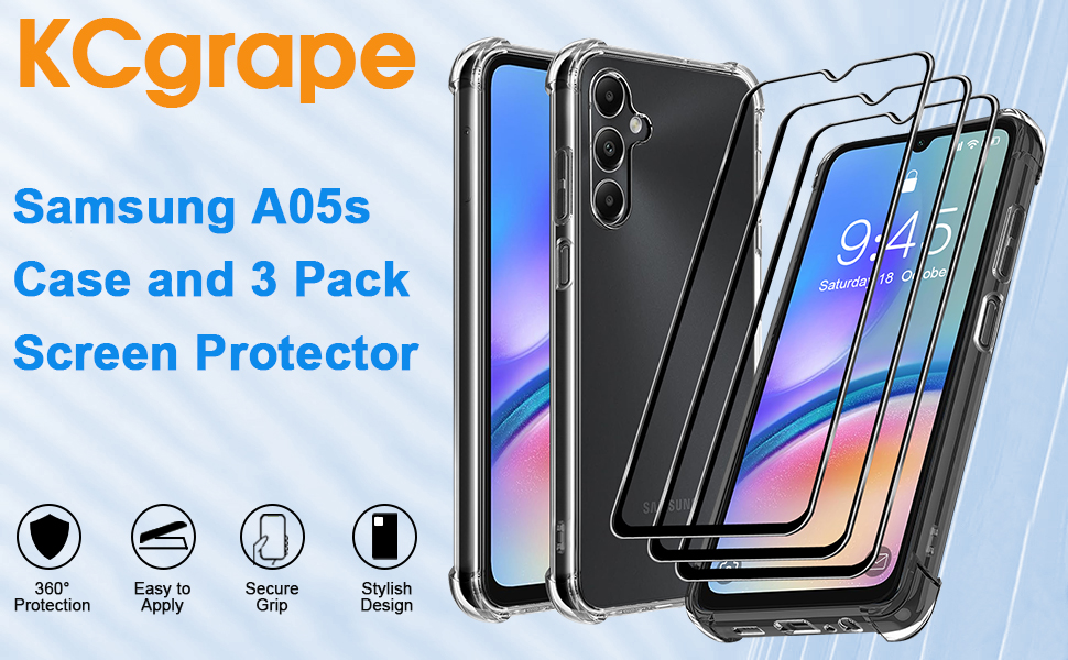 KCgrape For Samsung A05S Case and Screen Protector,3Pack Galaxy A05S Tempered Glass With Clear ...