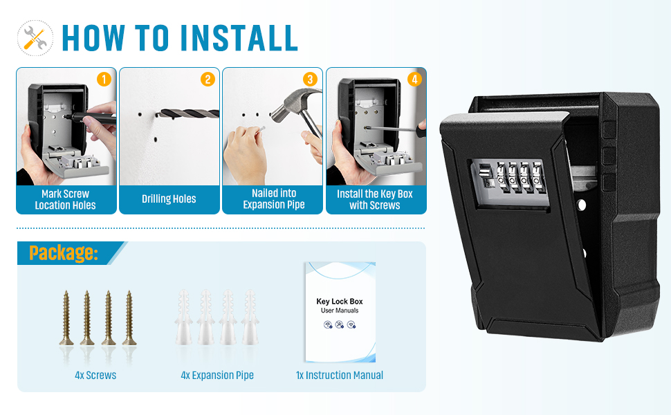 BKNOOU Large Key Lock Box Wall Mount, Key Storage Lockbox With Code ...