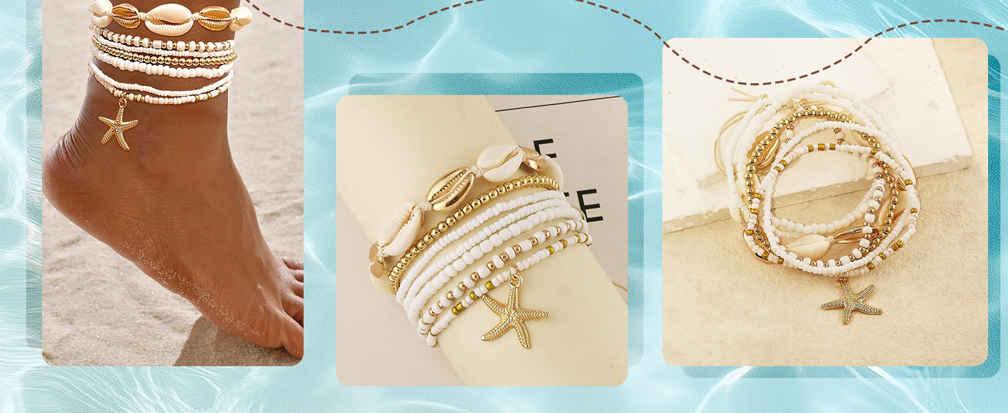 Amazon.com: Qceasiy Bead Ankle Bracelets Set For Women, Adjustable Gold Boho Shell Anklet ...