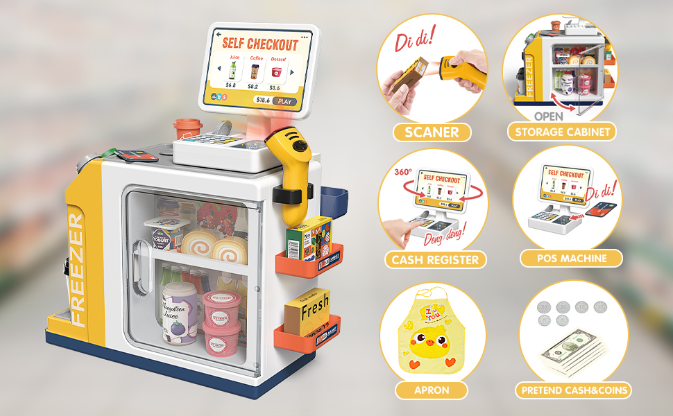 JoyGrow 47PCS Cash Register Playset for Kids Pretend Play Mini Supermarket Cashier Grocery Store ...