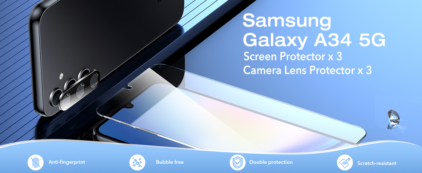 LK 3+3 Pack for Samsung Galaxy A34 Screen Protector, 3pcs Tempered Glass Screen Protector & 3pcs ...