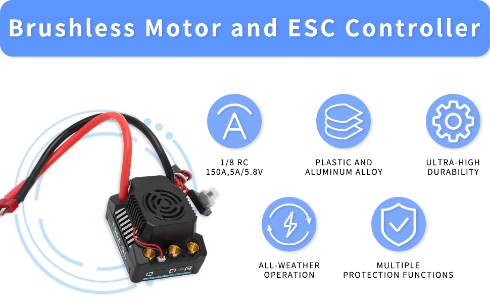 RC Brushless ESC, 150A Waterproof Dustproof Multiple Protection RC Brushless Motor, Aluminum ...