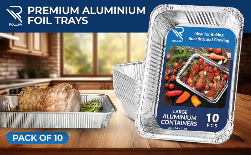 Rollay 10 Pack Large Aluminium Foil Trays Deep (32x26x7 cm) - Tin Foil ...