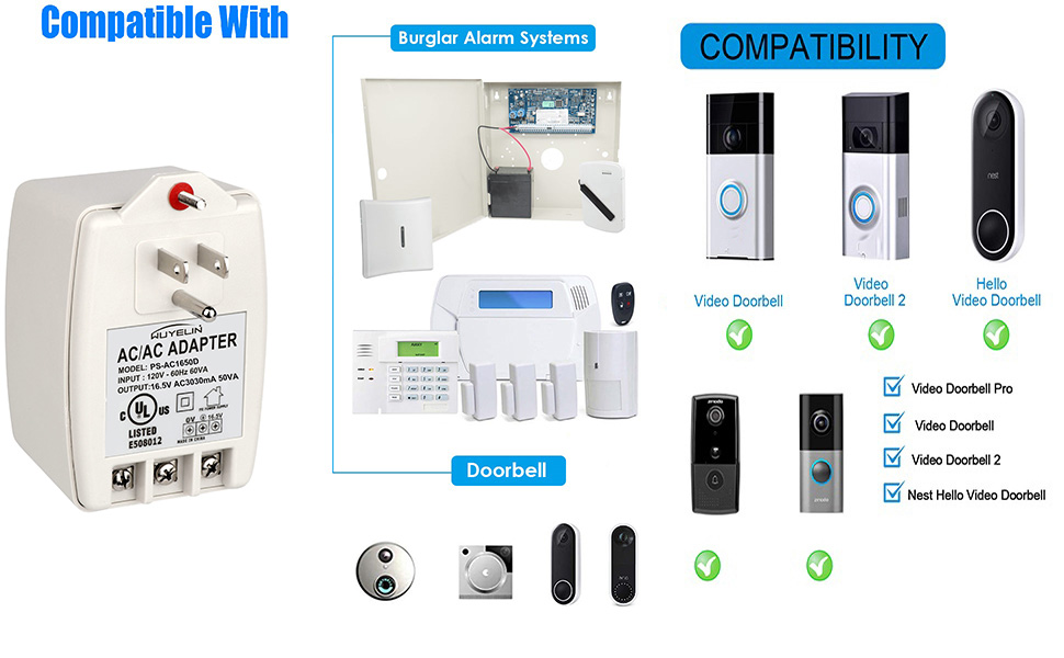 16.5V 50VA Alarm Systems and Doorbell Transformer，16.5V Plug in Transformer Compatible with All ...