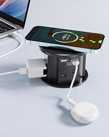 Pop Up Socket with 15W Wireless Fast Charger, 9 in 1 Safe Touchscreen Automatic Pop up Extension ...