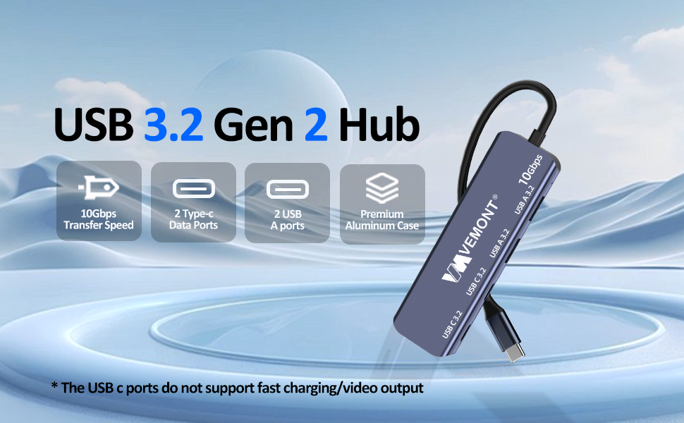 Amazon.com: USB C Hub 3.2 10Gbps, VEMONT Aluminum USB 3.2 Hub with 2 ...