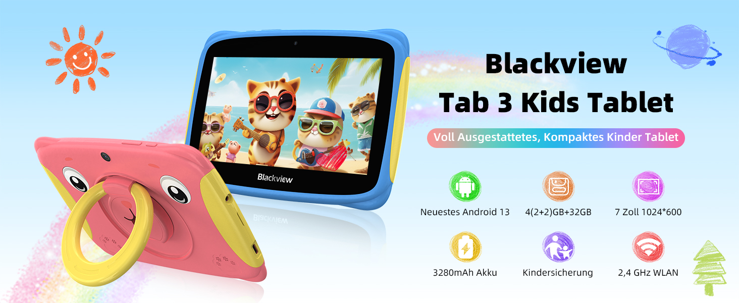 Blackview Tab 3 Kids Tablet Android 13 Kinder Tablet 7 Zoll Display 4GB RAM 32GB ROM, 3280mAh ...