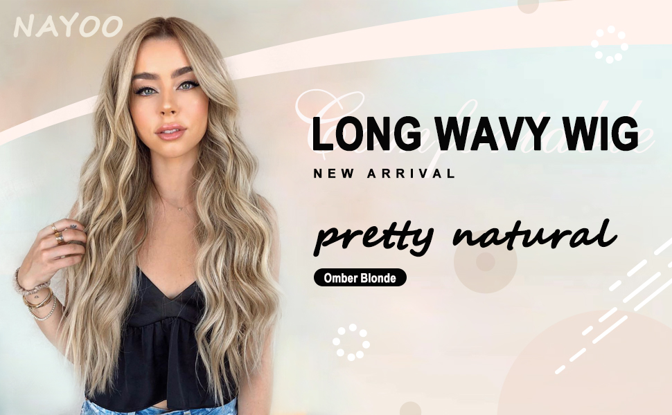 NAYOO Long Ombre Blonde Wavy Wig for Women 26 Inch Middle Part Curly Wavy Wig Natural Looking ...