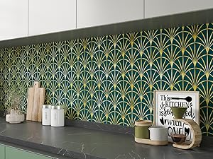CHIHUT Emerald Green Geometric Peel and Stick Wallpaper 17.7”x236” Green Gold Stick on Wallpaper ...