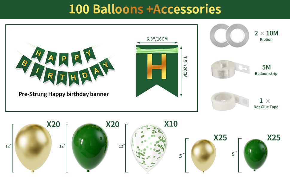 Green Gold Birthday Party Decorations 100pcs Hunter Gold Green Balloons Garland Arch Kit Pre ...